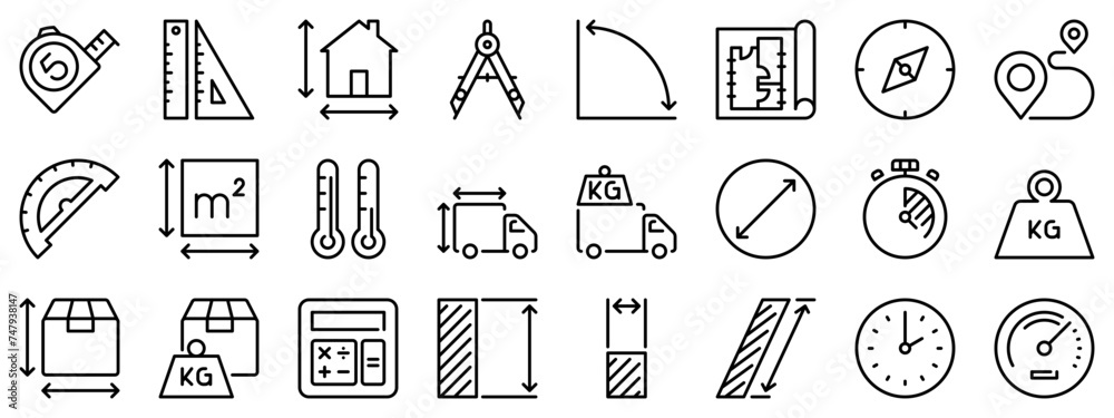 Icon set about measuring. Line icons on transparent background with ...