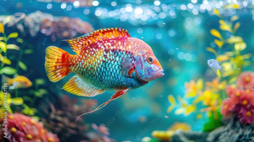 Flowerhorn Cichlid Colorful fish swimming in Aquarium deep blue ...