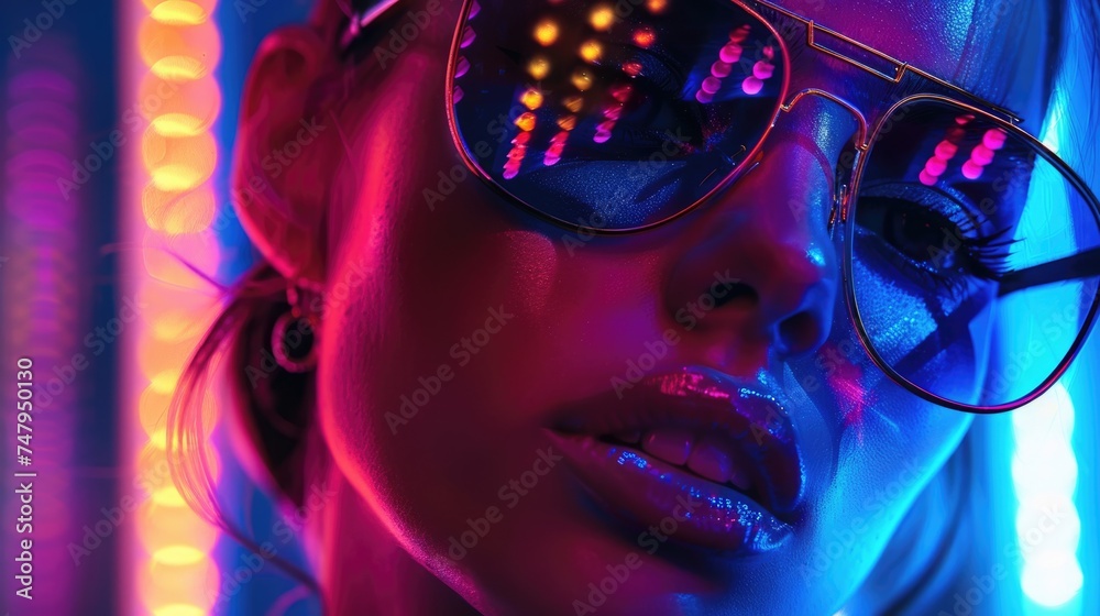 portrait of a young beautiful woman with fluorescent prints on her face ...