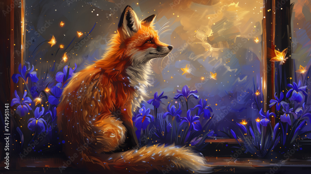 Orange mischievous fox in Iris flowers, being cute with fireflies and ...
