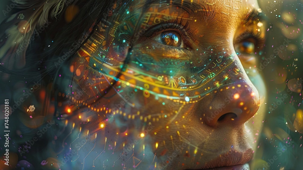 A close-up of a woman's face overlaid with a futuristic digital ...