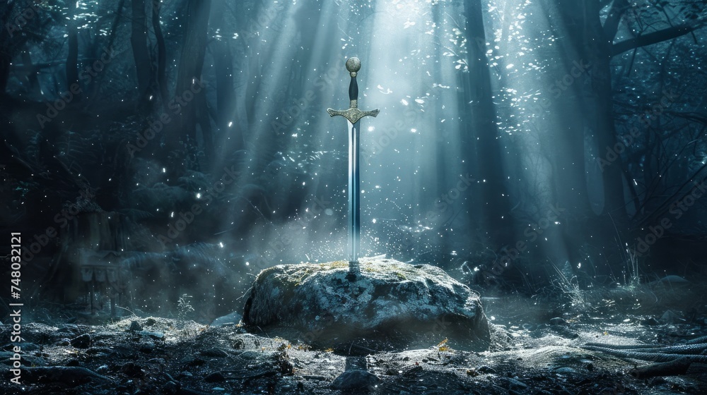 Excalibur, the sword in the stone, shines amidst a dark forest, with ...