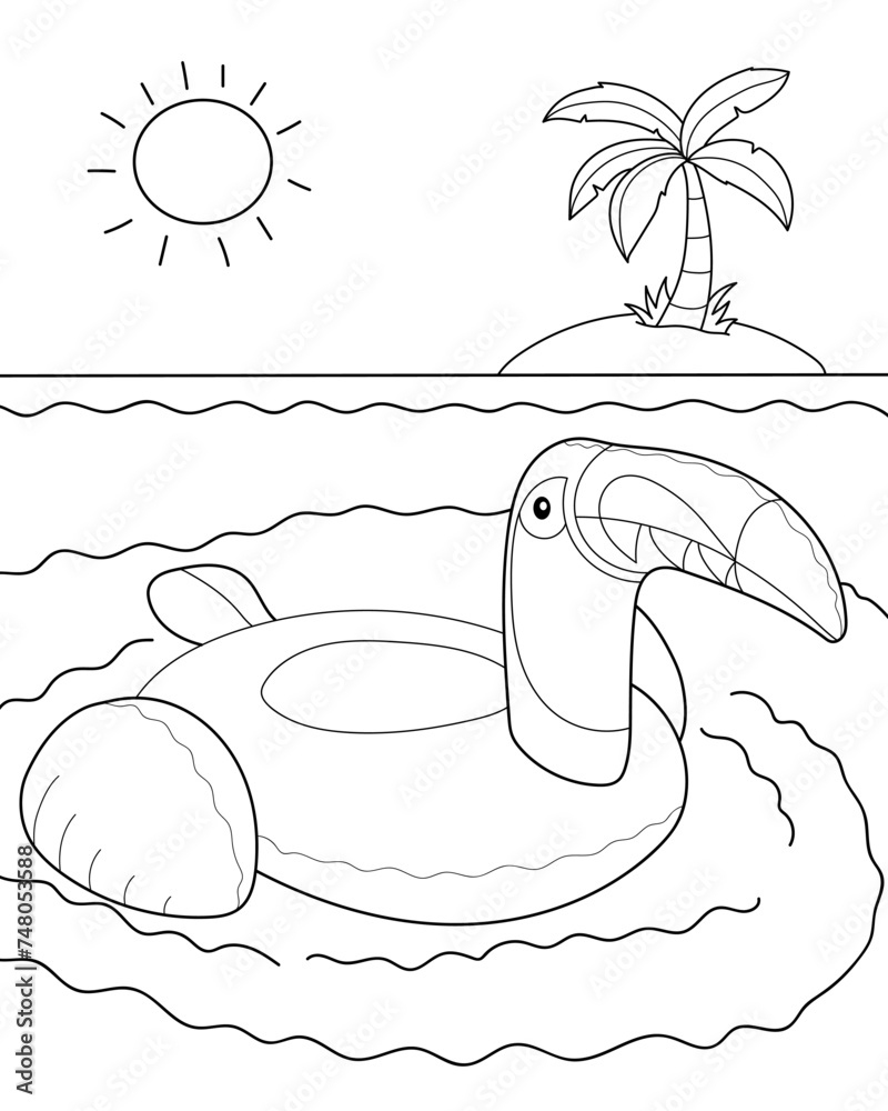 Inflatable circle for swimming. Beach. Coloring page, black and white ...
