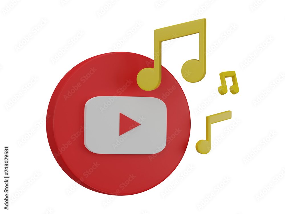 Youtube Logo and Music note Isolated on transparent background. 3D ...