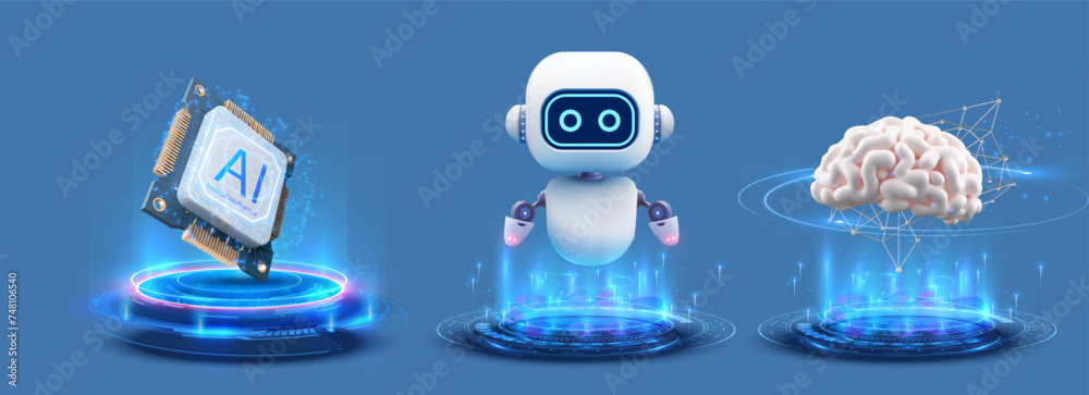 A vivid illustration showcasing the synergy of AI, featuring a robot, microchip, and a digital ...