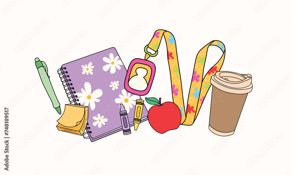 Cute teacher stuff collection vector, retro vintage favorite teacher ...