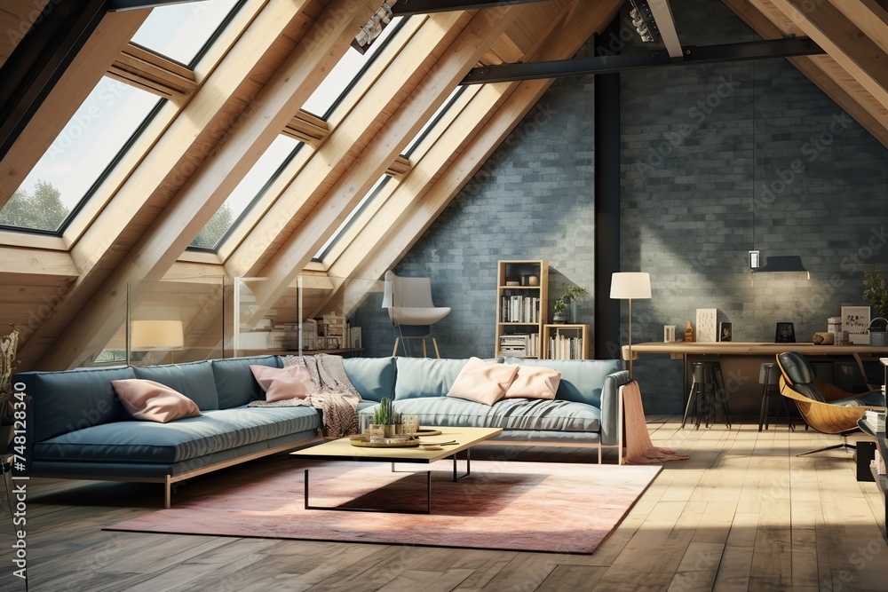 Foto de Stock A modern living room with a sloped ceiling and large ...