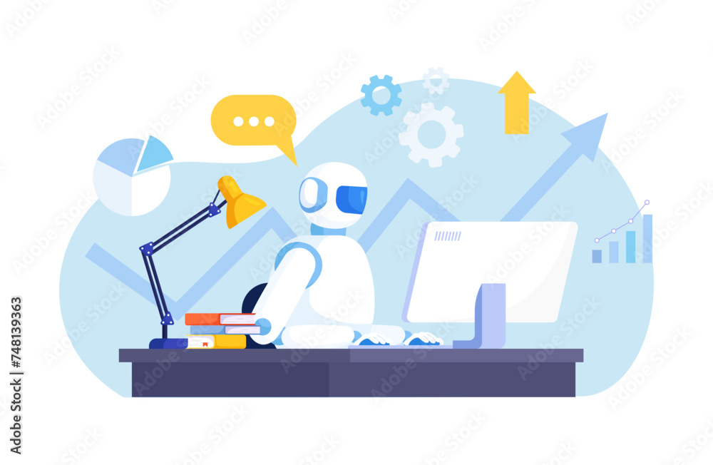 Humanoid robot working at computer in office workspace. Artificial intelligence, AI. Automation ...