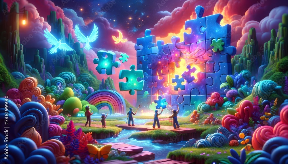 Vibrant fantasy landscape with people connecting puzzle pieces under a ...