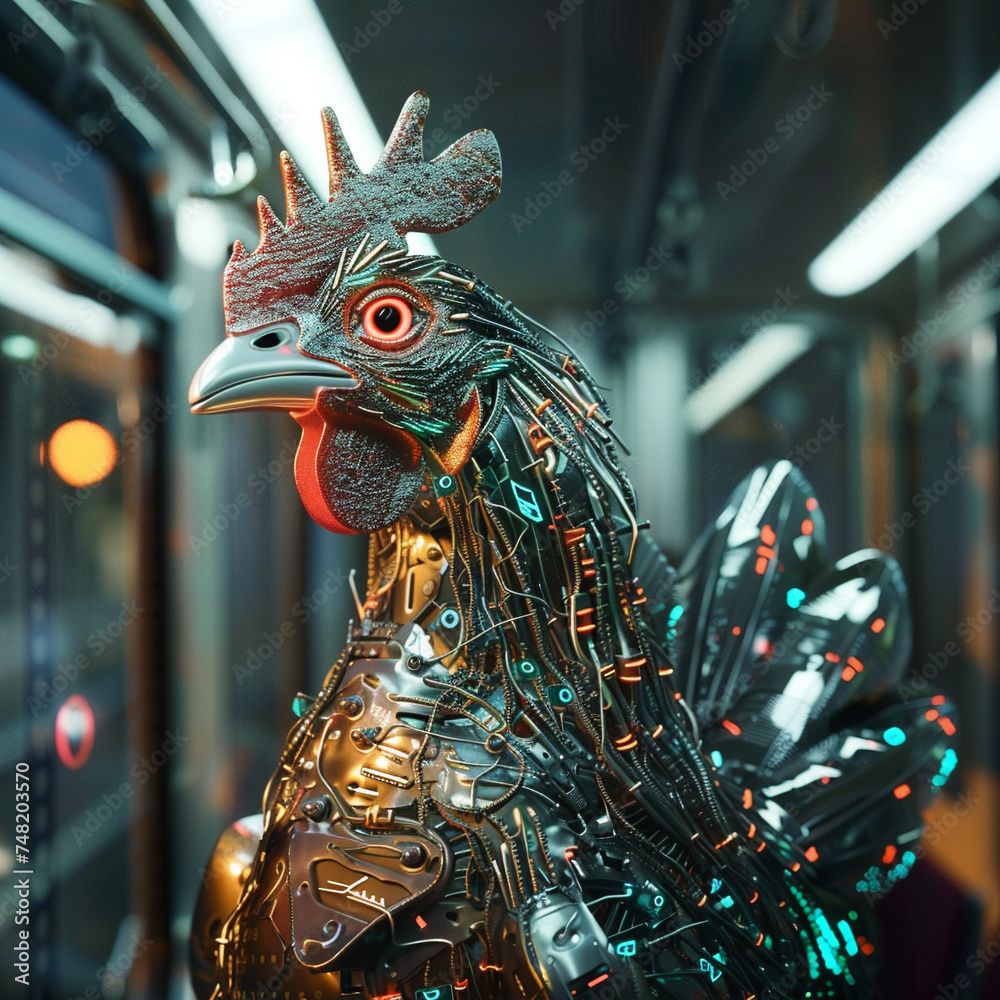 Cyborg chicken conductor announcing stops aboard a high-speed train ...