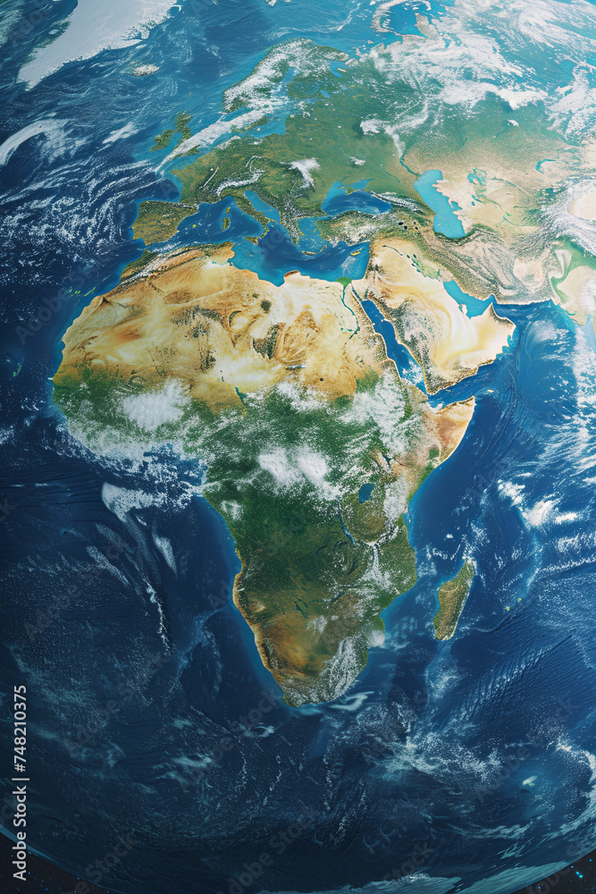 Detailed flat map of continents and oceans on a textured world map on a ...