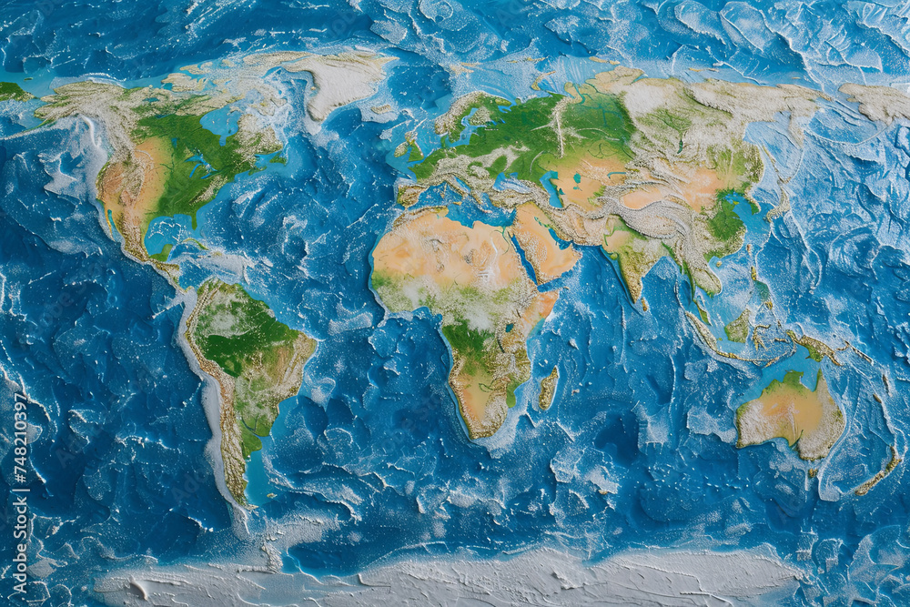 Stock-Foto „Detailed flat map of continents and oceans on a textured ...