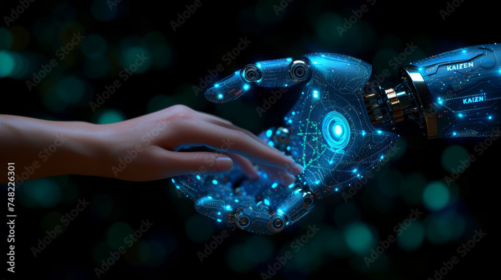Futuristic KAIZEN Infographic: Robot Hand Meets Human Stock Photo ...