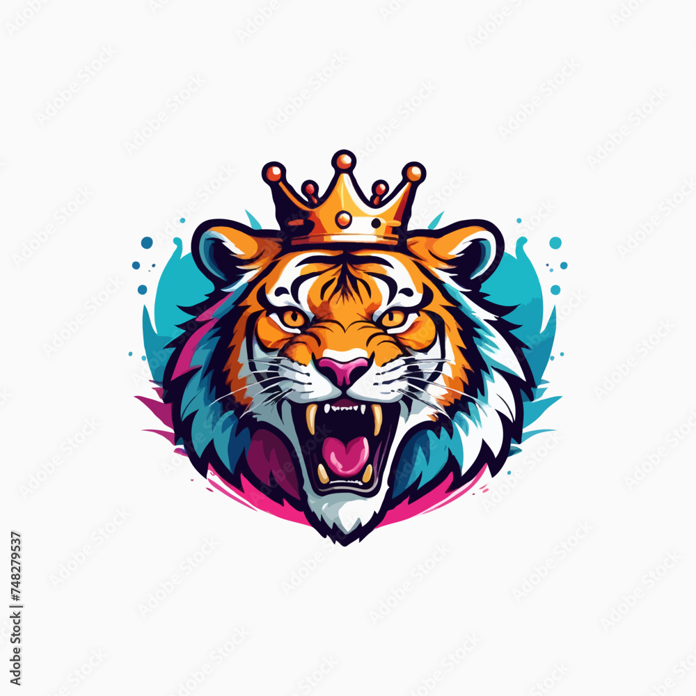 Colorful Tiger with crown roaring vector mascot illustration. Tiger ...