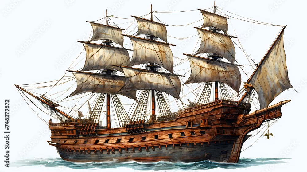 Old wooden ships. Cartoon sailing ship, wind sail boat pirate frigate ...