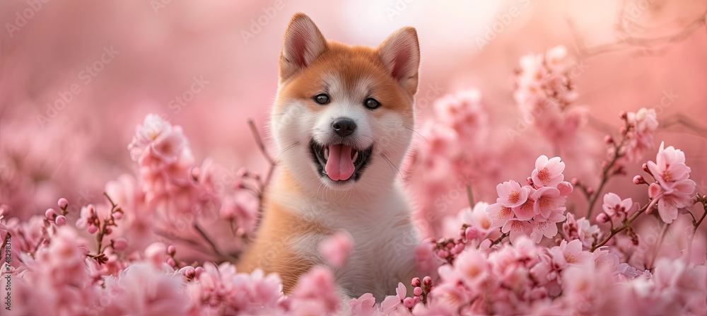 cute happy Akita dog on the sakura blossom background, spring time ...