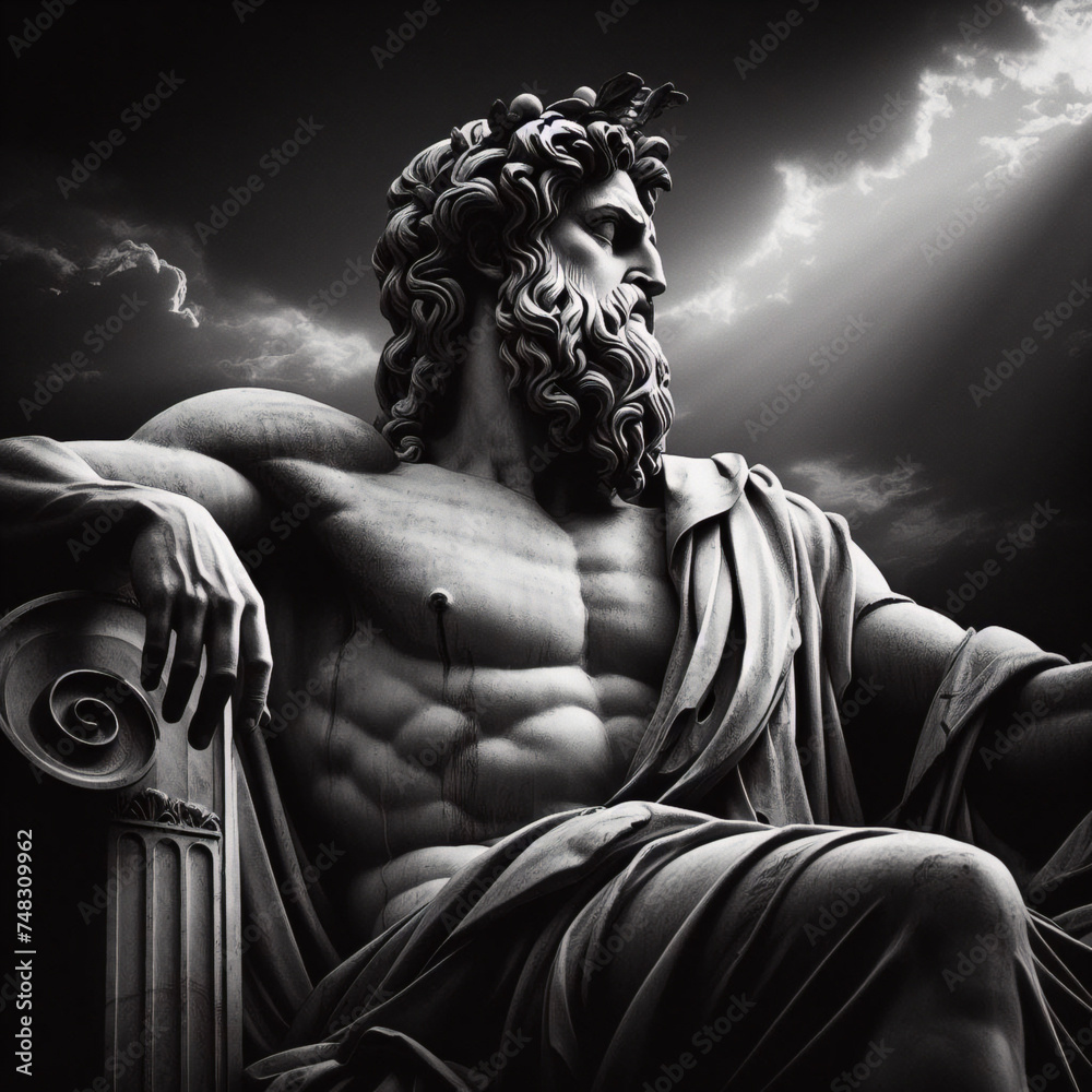 Handsome marble statue of powerful greek god Zeus over dark background ...