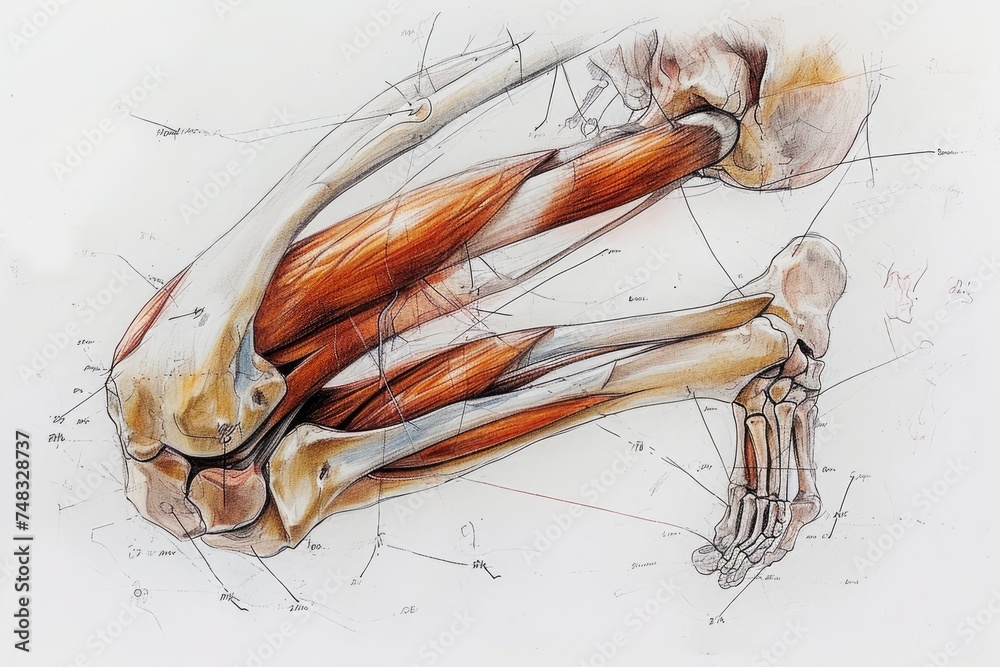 Detailed, labeled drawing showcasing the muscles of a human body in a ...