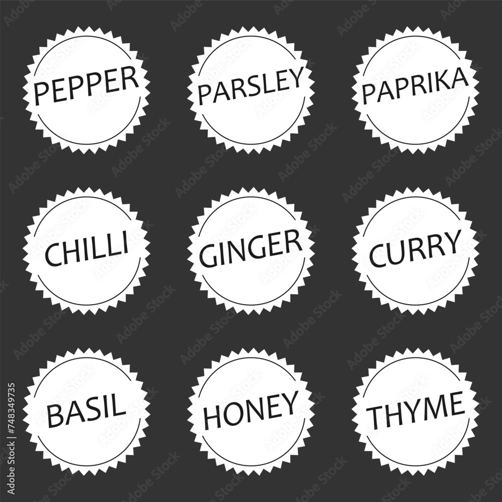 Stickers or labels for spice and herb jars. Set of 9 vector stickers ...