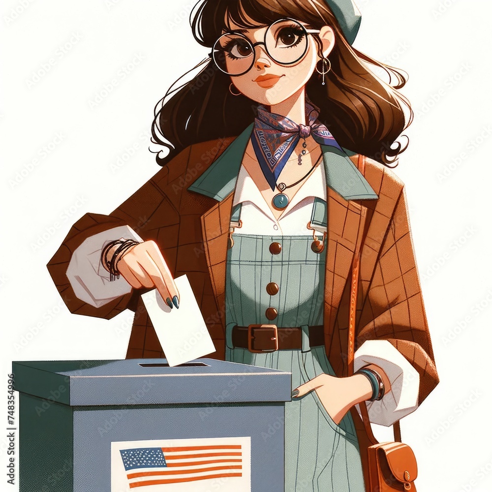 Beautiful young woman putting her vote in the ballot box with flag of ...