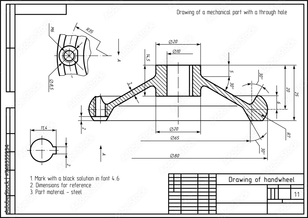 Vector drawing of steel cast mechanical part with through holes and ...