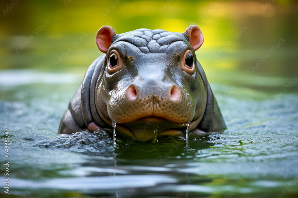 Baby Hippo swimming in a swamp or river. Cute Hippopotamus amphibius ...