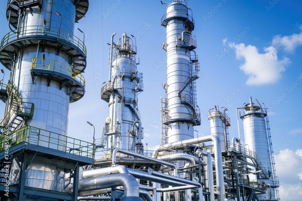 The intricate metalwork of piping and distillation columns at an oil ...