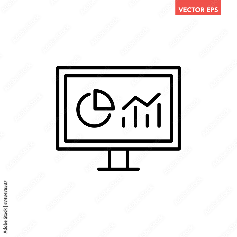 Black single data analysis on monitor line icon, simple financial ...