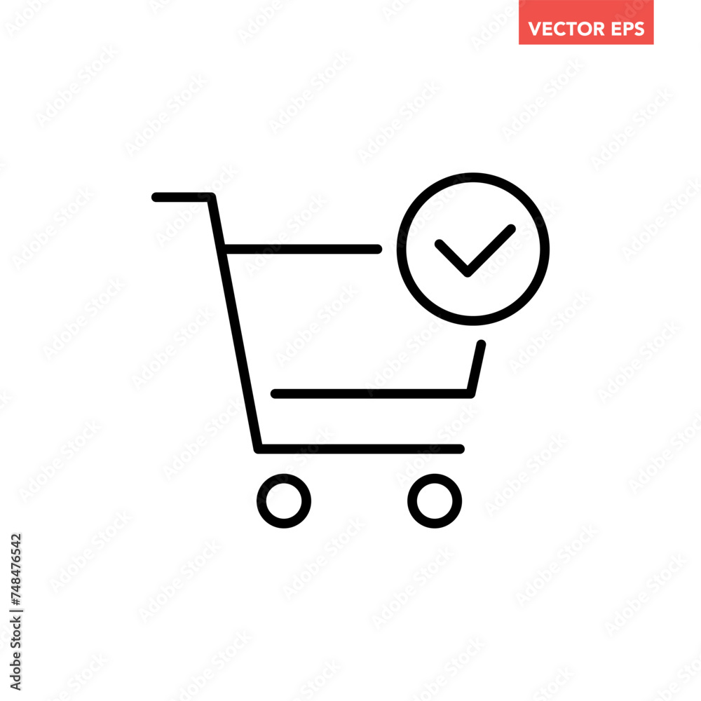 Black single order completed line icon, simple shopping cart with check ...