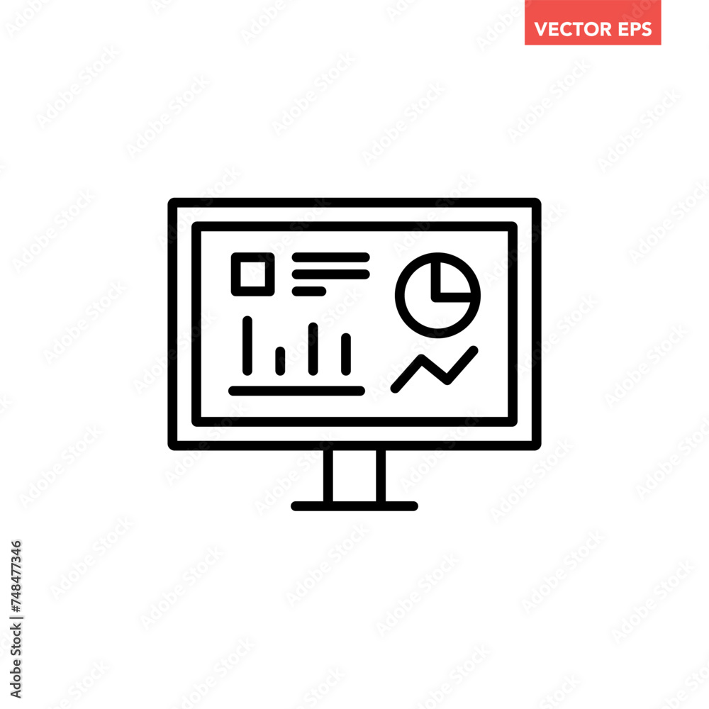 Black single data analysis on monitor line icon, simple financial ...