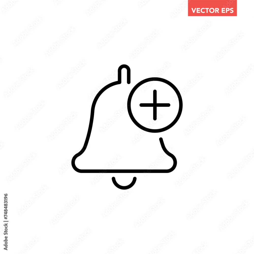 Black single add reminder line icon, simple notification bell flat ...