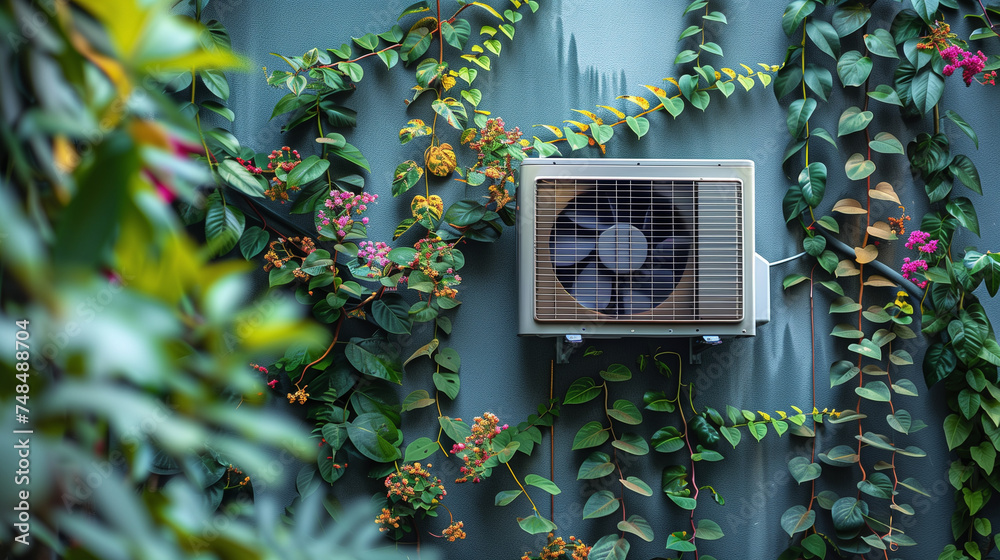 air source heat pump unit installed outdoors at home in the Netherlands, warmte pomp ...