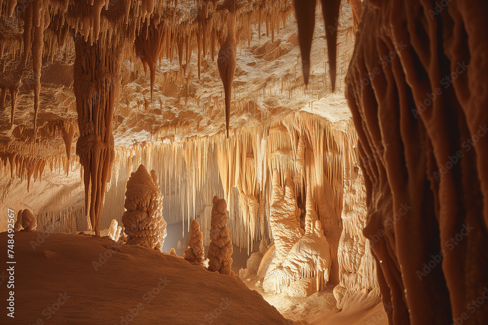 Stock-Foto „Interior of a limestone cave featuring prominent stalactite ...