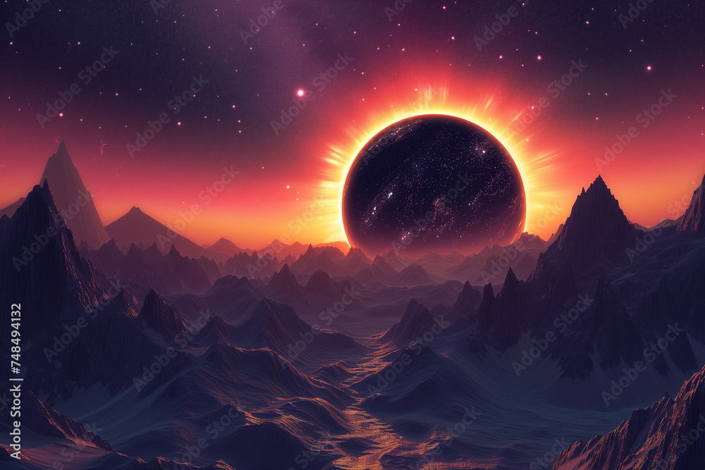 Artistic rendition of a solar eclipse over layered mountain ranges with ...