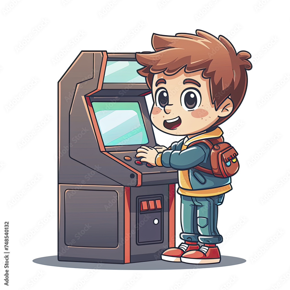 Ilustración de Stock Boy Playing Arcade Machine Game Cartoon, Isolated ...