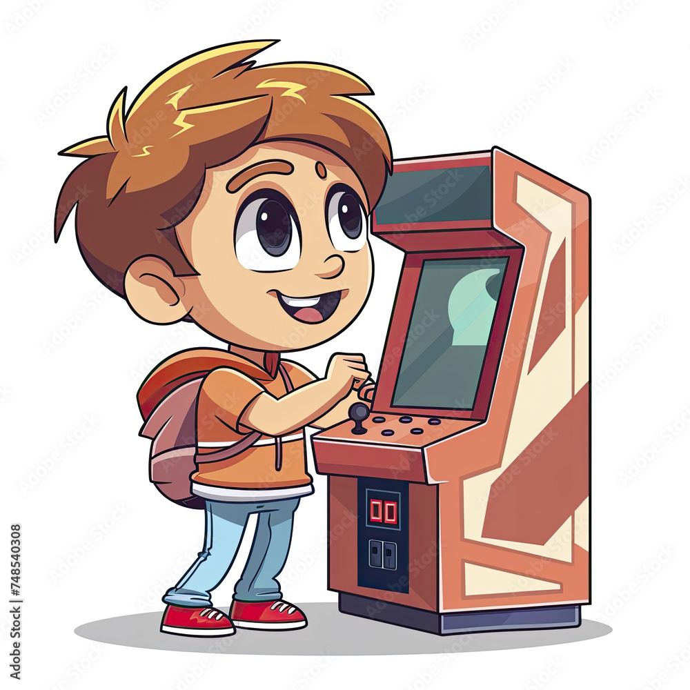 Ilustración de Stock Boy Playing Arcade Machine Game Cartoon, Isolated ...