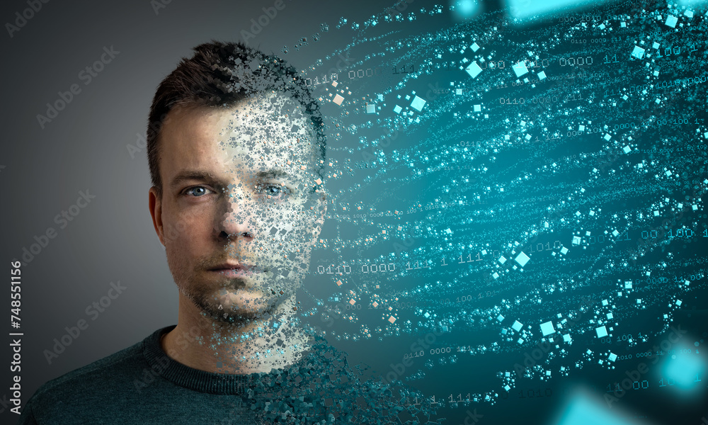 Digital Transformation Concept: Man Dissolving into Data Particles Stock Photo | Adobe Stock