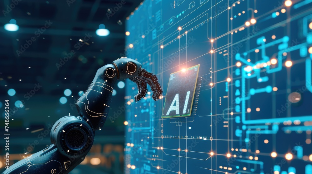 Stock-Foto „The advanced robot arm swiftly processes data with its cutting-edge chip and AI ...