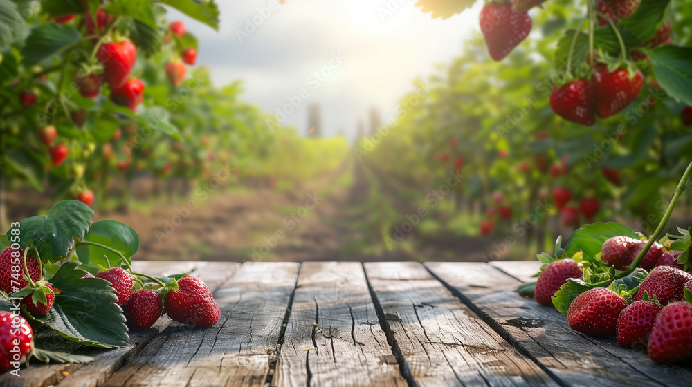 Empty wood table with free space over strawberry trees, strawberry ...