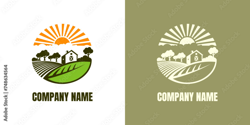 Farm House concept logo. Template with farm landscape. Black logotype ...