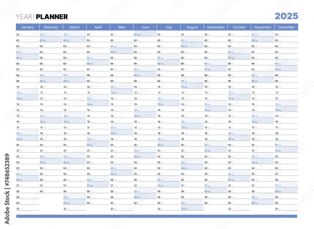 Blank blue 2025 year year planner, wall calendar for monthly and daily ...