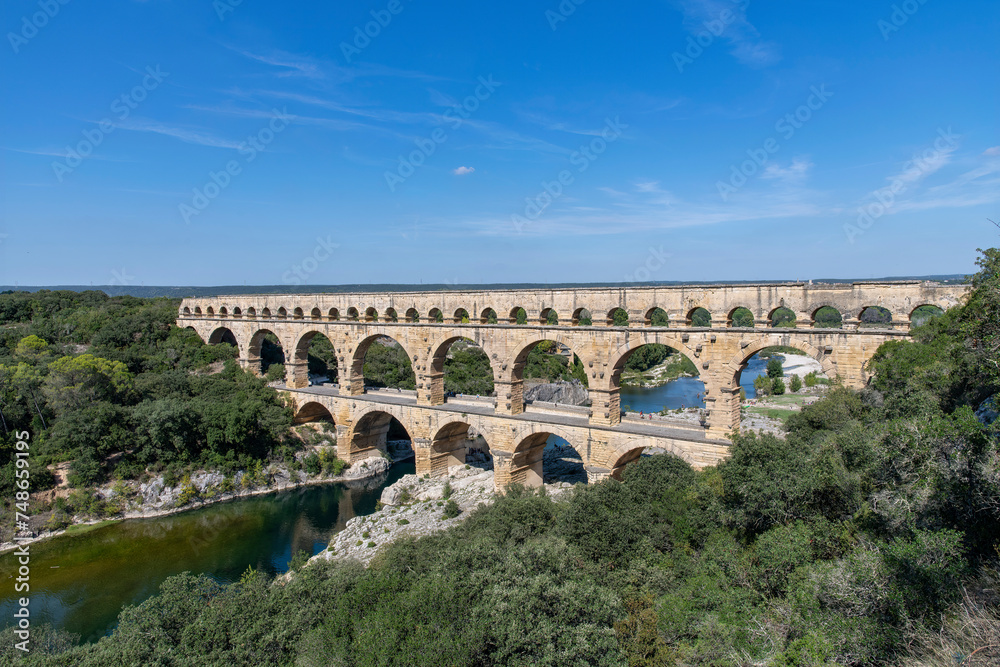 High angle view of the aqueduct bridge Pont du Gard over the Gardon ...