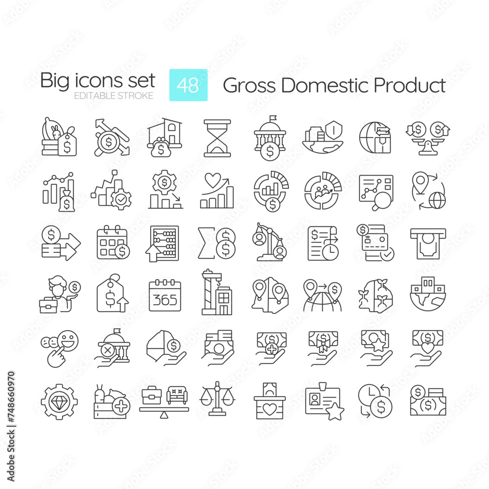 Gross domestic product linear icons set. Economy growth. Purchasing ...