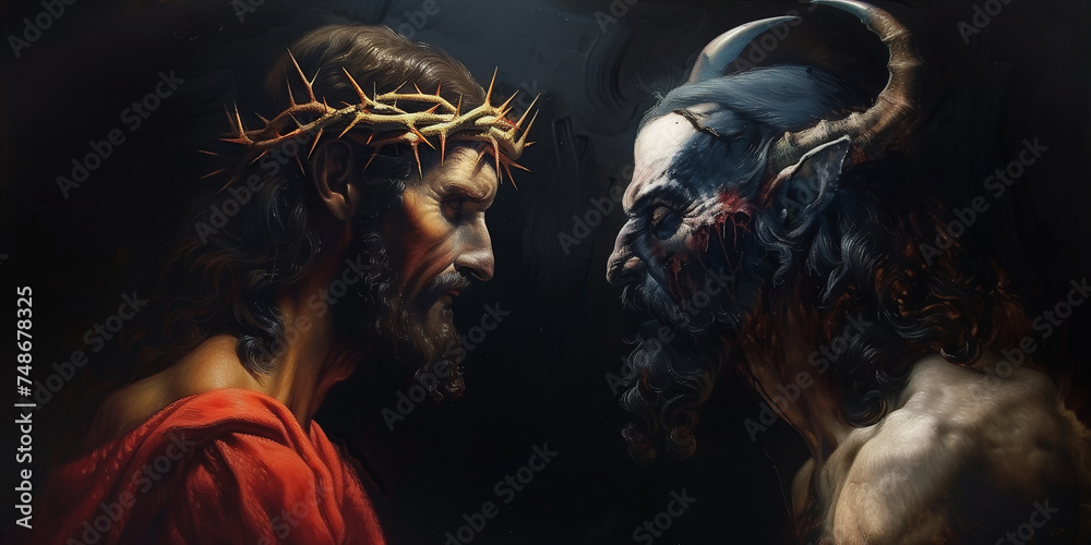 Jesus vs satan face off. Religious battle of good versus evil banner ...