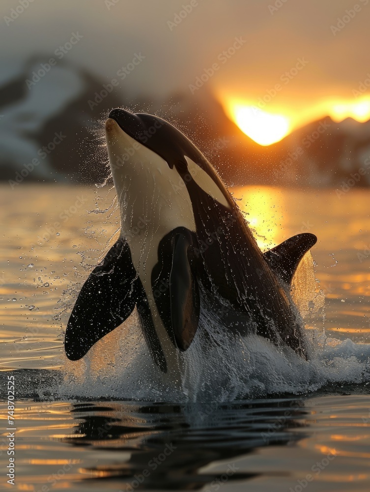 Orca whale breaching during a golden sunset - Majestic orca whale ...