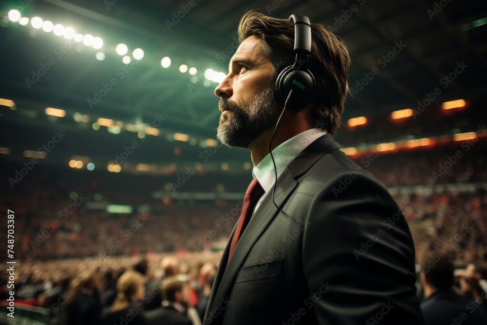 Professional match host wearing headphones on podium at stadium with ...