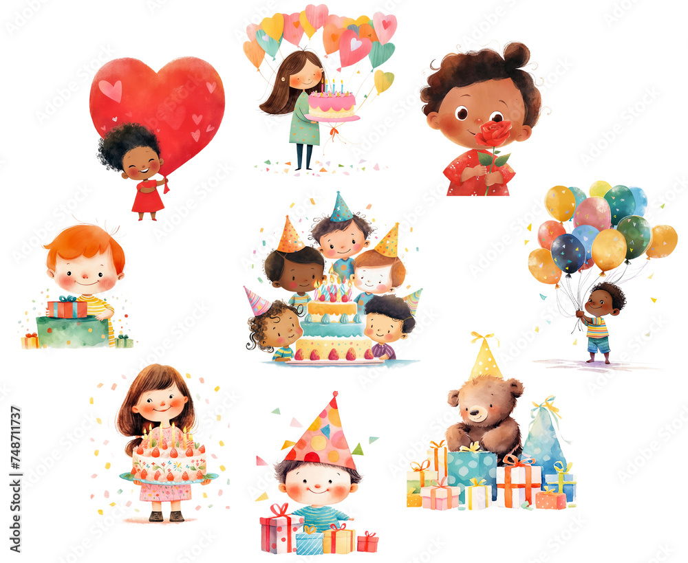 Cute cartoon kids with birthday cake, gifts and balloons. Set of ...