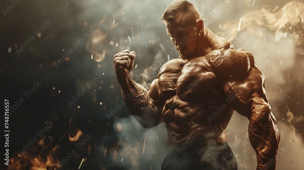 extreme bodybuilding and muscular man flexing arms and chest ...