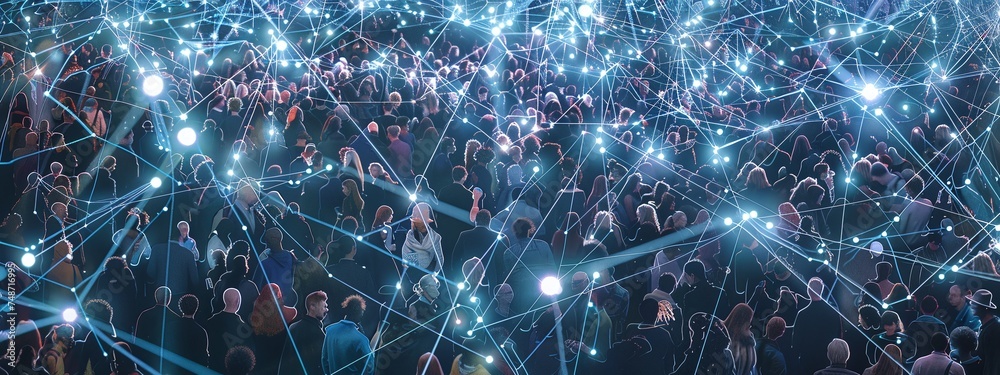 glowing lines of light connecting large crowd of people in communication and networking effect ...