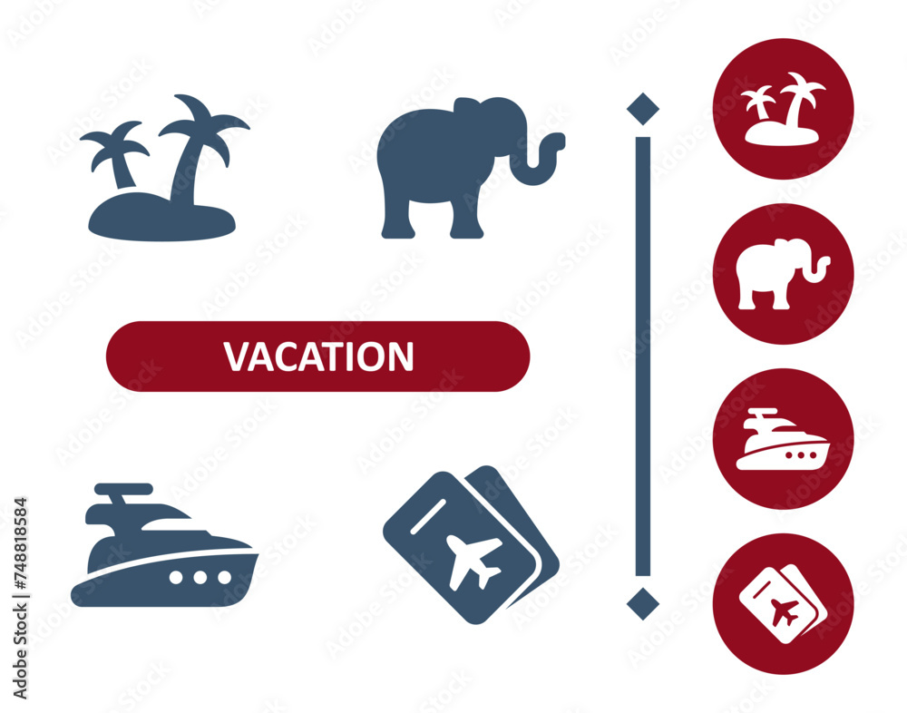 Vacation icons. Tourism, island, beach, elephant, safari, destination ...
